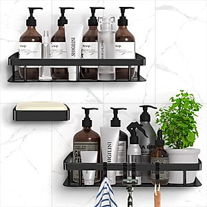 BZVlemon 3Pack Adhesive Shower Caddy with Soap Holder and 4 Hooks, Bathroom Shower Organizer, Space Aluminum Shower Shelves Rustproof Waterproof and Easy Mount