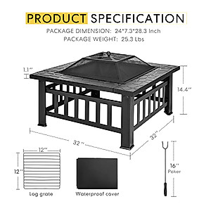 VIVOHOME 2 in 1 Outdoor Fire Pit - 36 Inch Large Bonfire Wood Burning Outside Firepit for Patio and Backyard with Spark Screen, Round Grill Grid, Poker and Fireplace Cover