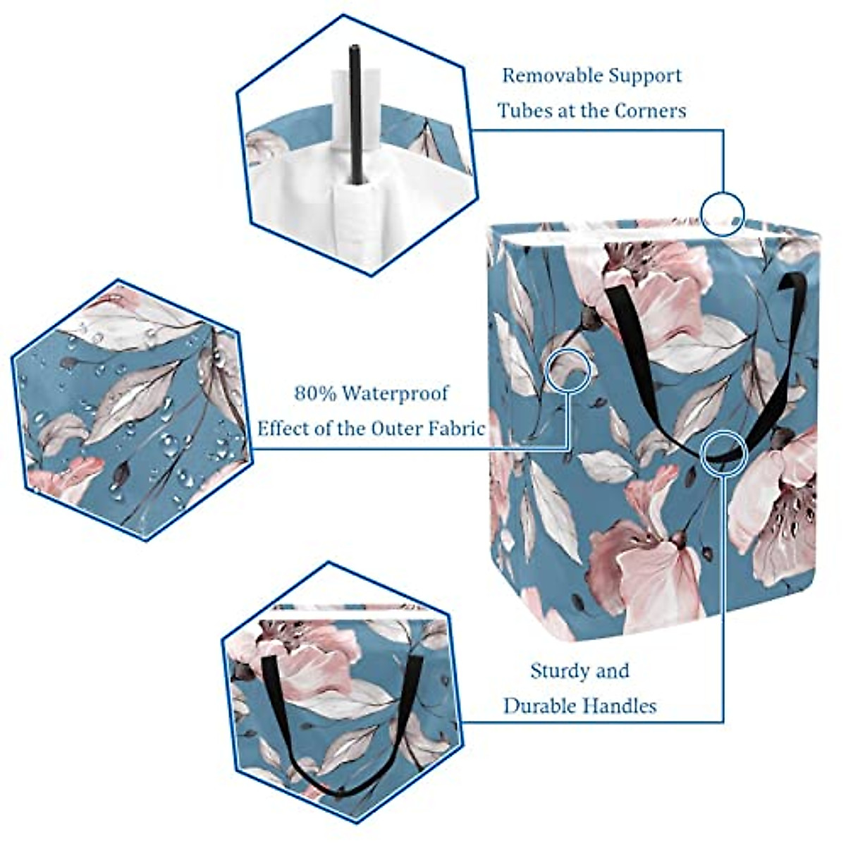 Blossom Flower in Blue Print Collapsible Laundry Hamper, 60L Waterproof Laundry Baskets Washing Bin Clothes Toys Storage for Dorm Bathroom Bedroom