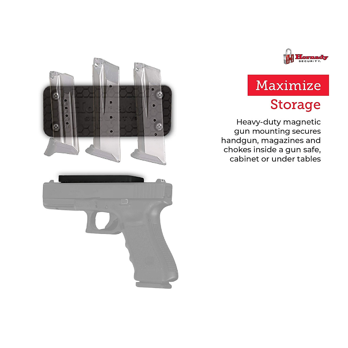 Hornady Magnetic Gun Mount 95910-Non-Scratch Rubber Coated Gun Magnet Mount for Pistols, Handguns, Revolvers, & Firearm Accessories - Magnetic Gun Holder Rated for 43 Pounds, includes Mounting Screws