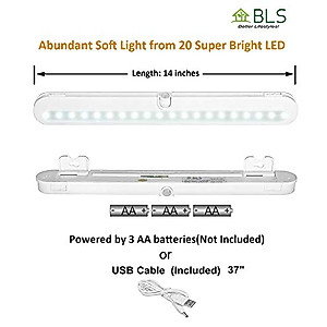 BLS T01L LED Closet Light Super Bright 20 LED Under Cabinet Lighting Battery Powered / DC Input Wireless Motion Sensing Light, Auto On Off Switch, Motion Sensor & Light Sensor, Light Beam Adjustable