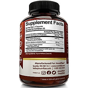 NutriFlair Ceylon Cinnamon, Berberine HCL, Chromium, Black Pepper Extract (Made with True Ceylon Cinnamon) - 1200mg per Serving, 120 Capsules - Lipid Levels, Antioxidant