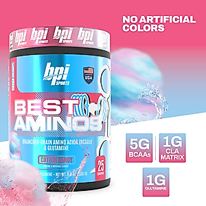 BPI Sports Best Aminos - BCAA Powder Post Workout & Glutamine Recovery Drink with Branched Chain Amino Acids for Hydration & Recovery, for Men & Women - Cotton Candy - 25 Servings