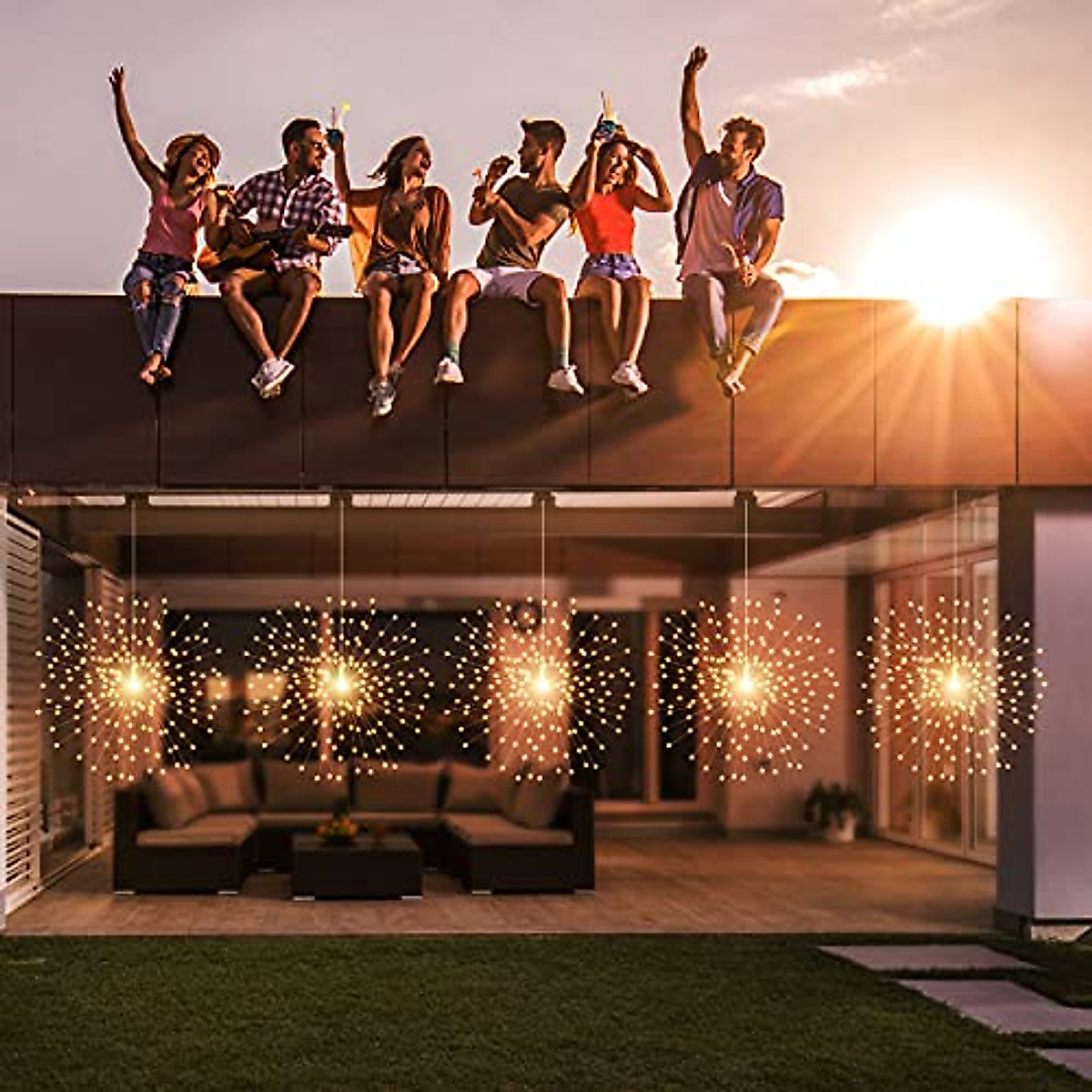 PXBNIUYA 5 Pack 1000LED Plug in Starburst Sphere Lights,Firework Lights 8 Modes Dimmable Remote Control Waterproof Hanging Fairy Light, Copper Wire Lights for Patio Party Tent Christmas (Warm White)