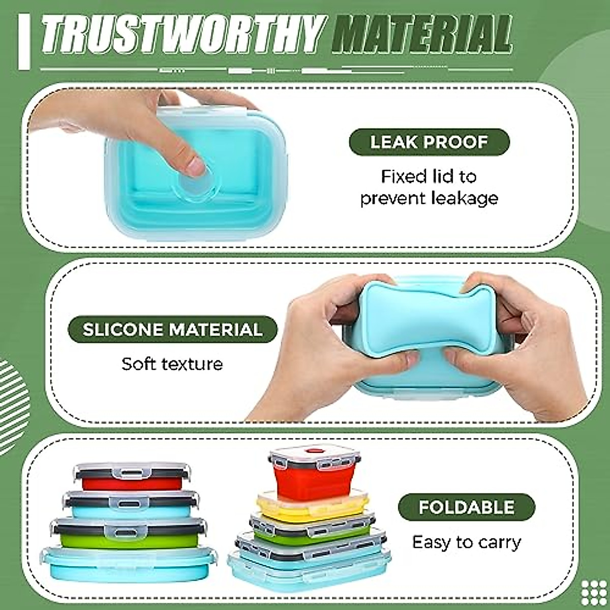 Dandat 9 Silicone Collapsible Food Storage Containers Foldable Silicone Lunch Containers Rectangle Round Airtight Collapsible Bowls with Lids Set for Kitchen Microwave Freezer Dishwasher Safe, 5 Color