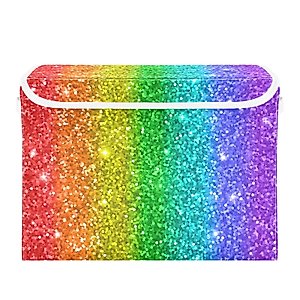 Krafig Rainbow Glitter Decorative Storage Box with Lid Large Bins Baskets Collapsible Cube Organizer Foldable Containers for Organizing, Toy, Playroom, Shelf, Closet