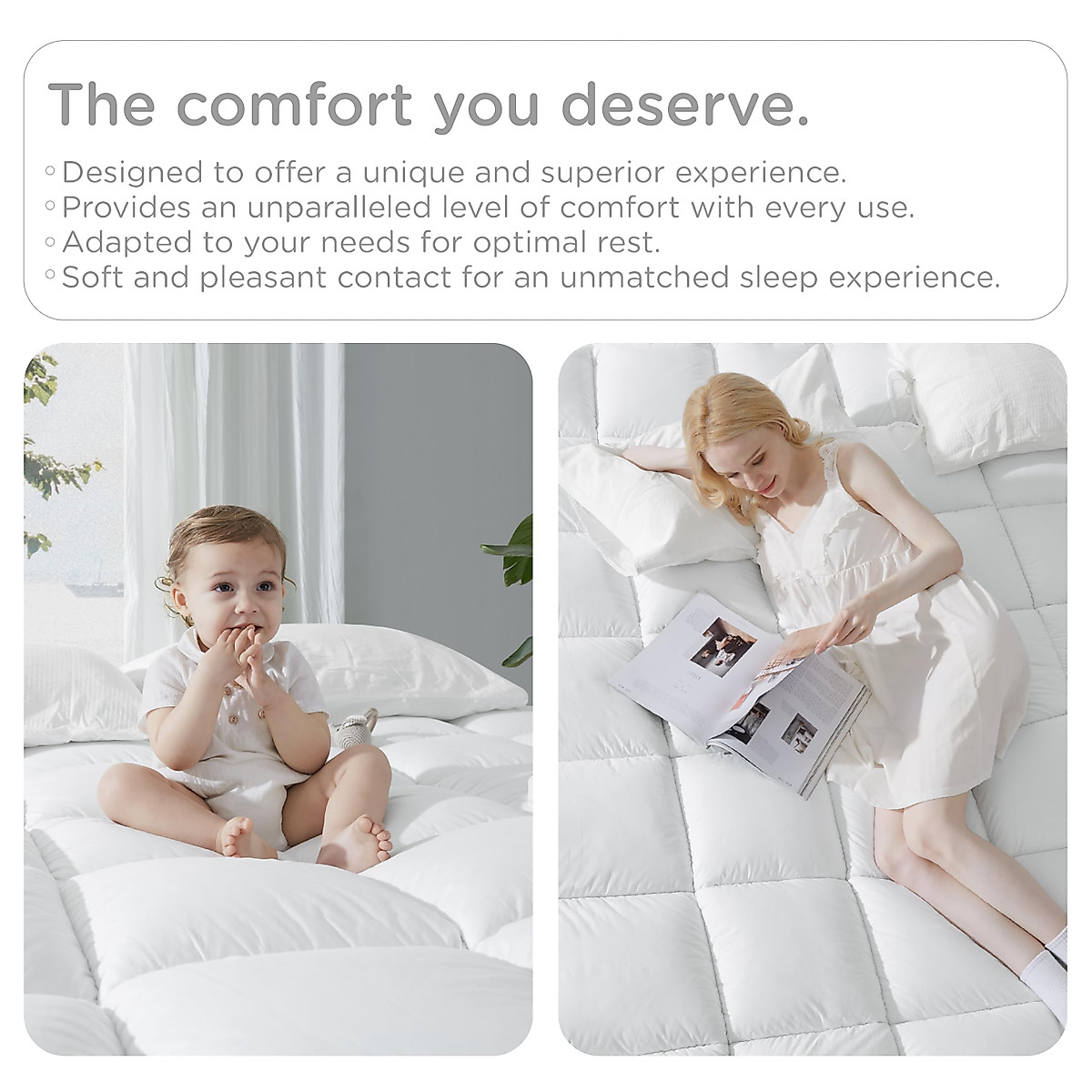 KUB Cotton Mattress Topper, Queen, Cooling Cotton Pillow Top with 8-21 Inch Deep Pocket, 3D Snow Down Alternative Fill, Breathable Fluffy Mattress Pad Cover (White, Queen 80 * 60inch)