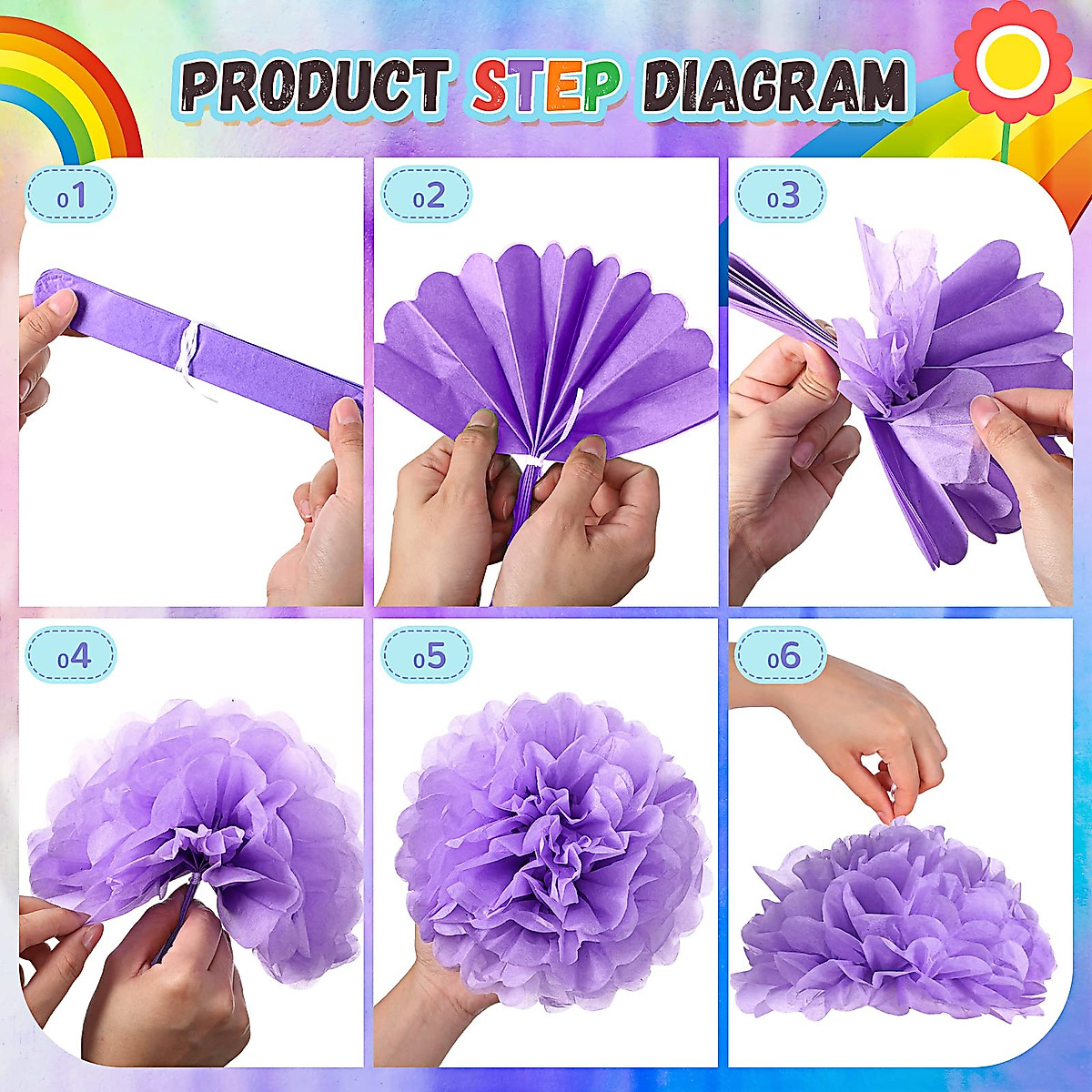 Estune 48 Pcs Tissue Paper Pom Poms 14''/ 12''/ 10''/ 8''/ 6'' Tissue Paper Flowers Decorations for Wedding Birthday Bridal Shower Baby Shower Decor (Rainbow)