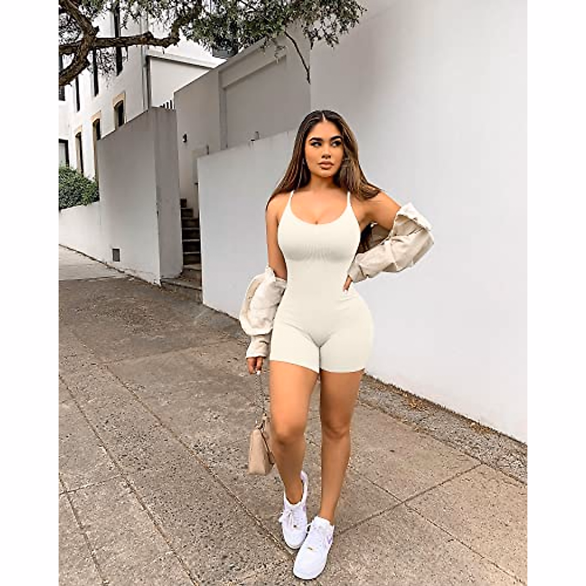 OQQ Women's Yoga One Piece Ribbed Spaghetti Strap Exercise Romper, Beige, Medium