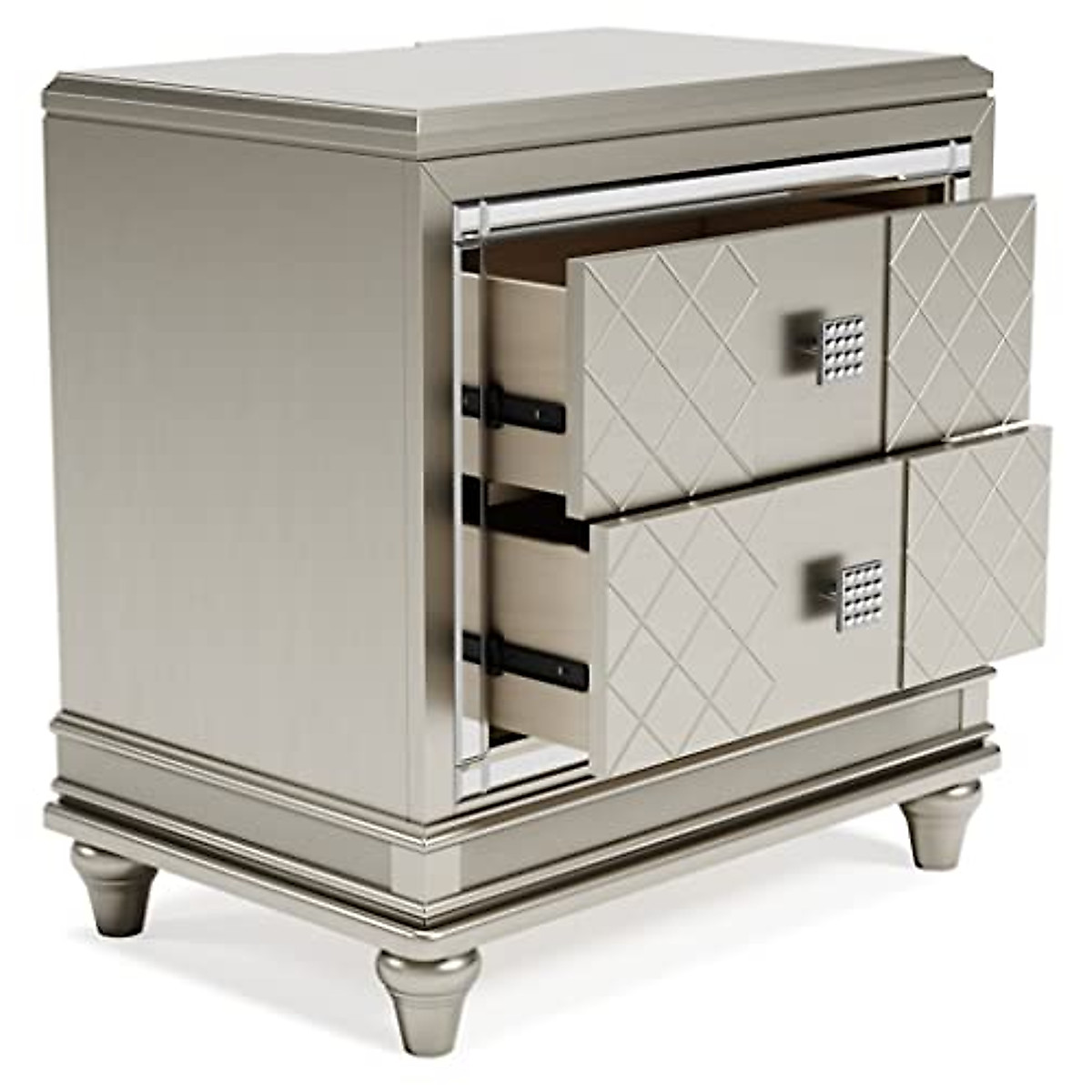 Signature Design by Ashley Chevanna Glam Embossed Diamond-Patterned 2 Drawer Night Stand with USB Charging Ports, Chrome