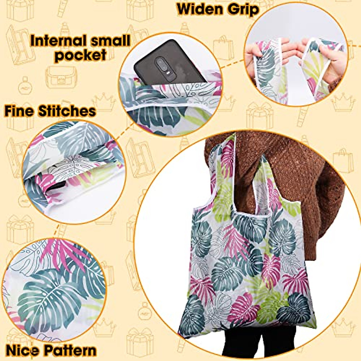 JEFHOMKIT 9 Pack Reusable Grocery Bags,Foldable Floral Shopping Bags,Nylon Fabric Reusable Bags for Groceries,Washable Grocery Tote Bag with Handles,Large Lightweight Shopping Grocery Bags with Pouch