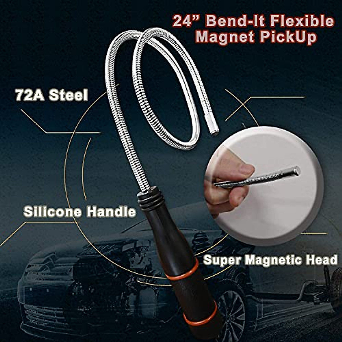 EASYTOO Magnetic Pickup Tool - 24” Bend-It Flexible Magnet Pick-Up Sweeper Bendable Retriever Stick for Hard-to-Reach Home Sink Drains, Car Keys, USB's, Bolts, Nuts, Screws