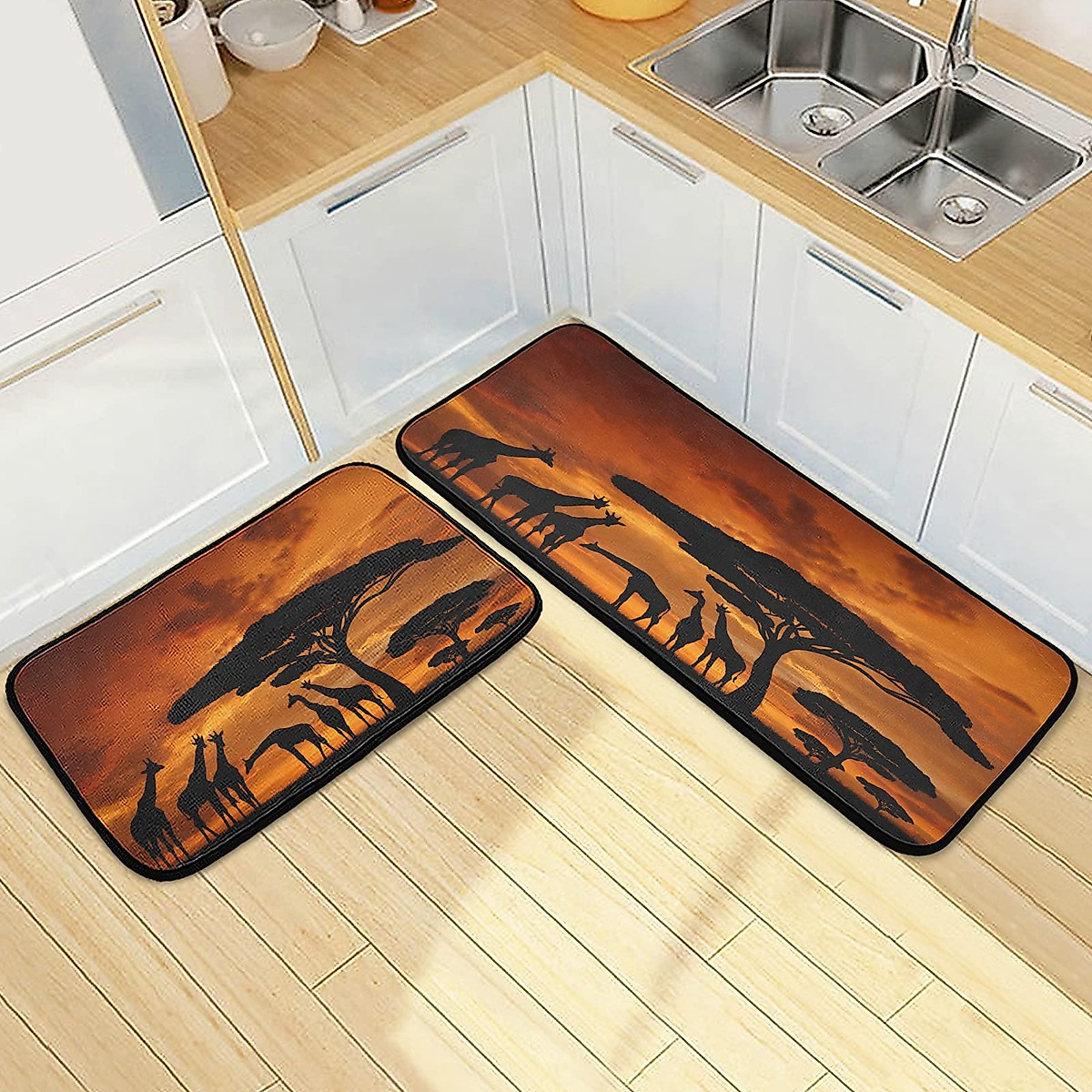ALAZA Giraffe Sunrise African 2 Piece Kitchen Rug Floor Mat Set Runner Rugs Non-Slip for Kitchen Laundry Office 20" x 28" + 20" x 48"