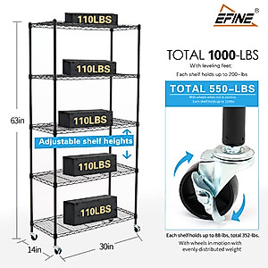 EFINE 5-Shelf Shelving Units and Storage on Wheels with Shelf Liners Set of 5, NSF Certified, Adjustable Carbon Steel Wire Rack for Garage, Kitchen, Office(63H X 30W X 14D)
