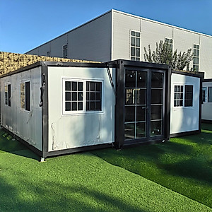 Tiny House to Live in Portable Prefab House with 2 Bedroom1 Full Equiped Bathroom and Kitchen Prefabricated Container House for Adults Living Foldable Mobile Home, Black/White