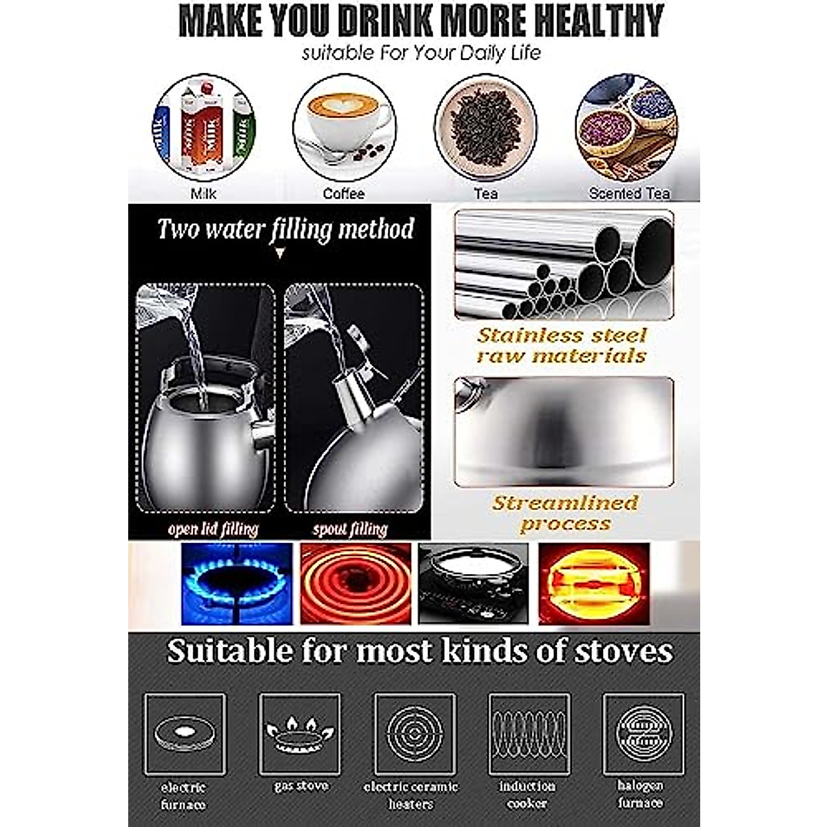 Stovetop Tea Kettle Whistling Teapot Tea Kettle 3.5L Whistling Kettle Electroplating Bronze Handle Whistling Kettle For Gas Stove Universal Teapot Kettle Stove Top Kettle Tea Pot (Color : Red, Size