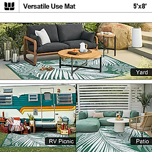 WondRg Outdoor Waterproof Patio Rug 5x8 Plastic Straw Reversible Lightweight Outdoor Area Carpet for Camping RV Picnic Backyard Deck Balcony Porch Beach, Green & White Leaf