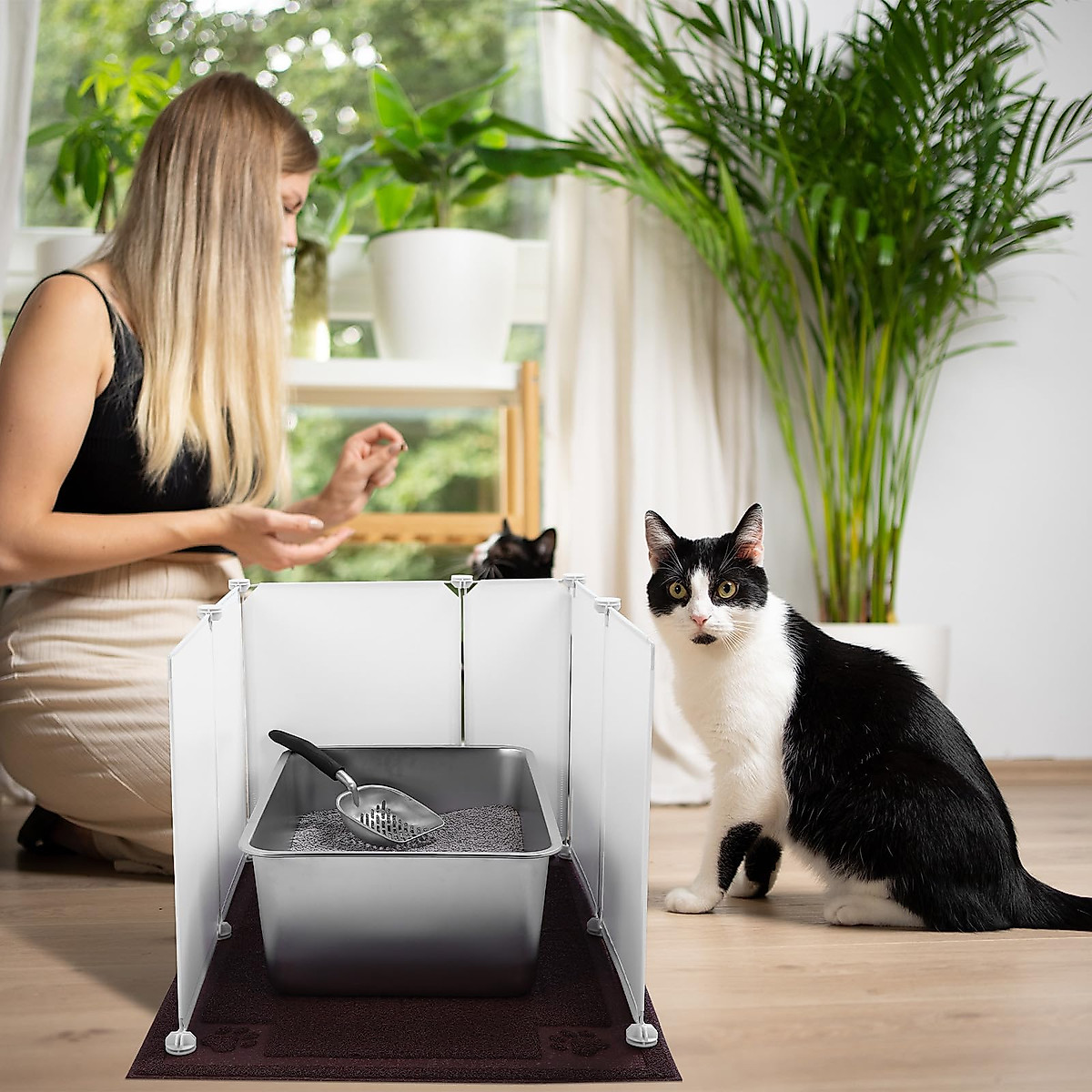 Pinkunn 2 Set Stainless Steel Cats Litter Box Large Metal Litter Box with 2 Cat Litter Scoop, 12 Litter Splash and 2 Cat Litter Mat, Never Absorbs Odor (Brown,23.6 x 15.7 x 7.9 Inch)