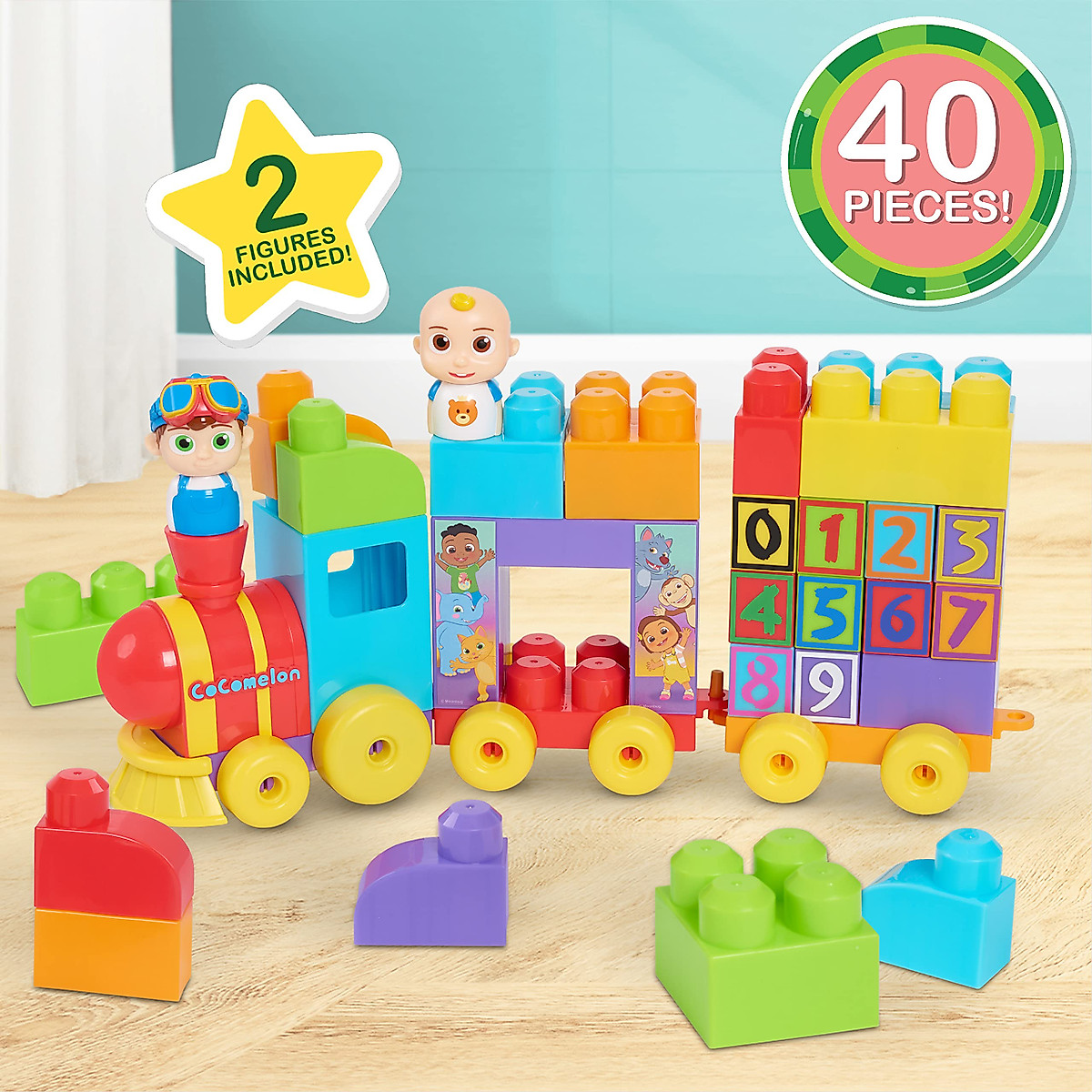CoComelon Stacking Train, 40 Piece Large Building Block Set, 2 Figures, Colors, Numbers, Officially Licensed Kids Toys for Ages 18 Month by Just Play