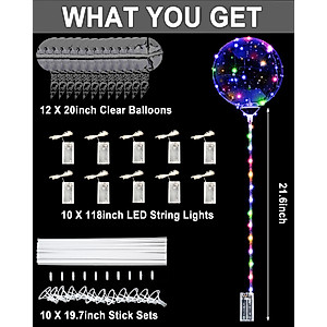 10 Pack LED Balloons with Sticks - Light Up Balloons LED Balloon, Clear Bobo Balloons with Lights, 20 Inch Bubble Balloons with Lights, Helium Lighted Balloons, Glow in the Dark Balloons for Party