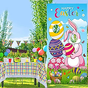 Tatuo Easter Party Decorations Easter Bunny Photo Door Banner Large Fabric Happy Easter Backdrop Photo Prop Funny Eggs Bunny Face in Hole Game for Easter Party Supplies, 6 x 3 Feet