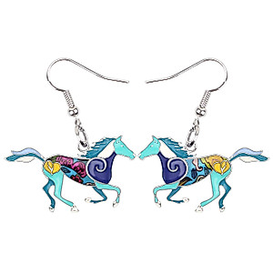 Enamel Alloy Running Racing Horse Earrings Dangle Drop Fashion Jewelry Equestrian Horse Gifts for Women (Navy)