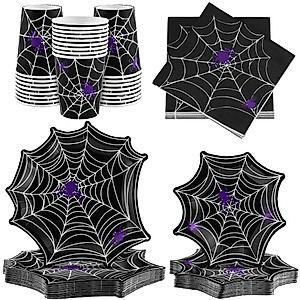 durony 100 Pieces Halloween Spider Web Party Supplies Tableware Set Including Halloween Spiderweb Dinner Paper Plates Cups Napkins Serves for 25, Halloween Party Decorations