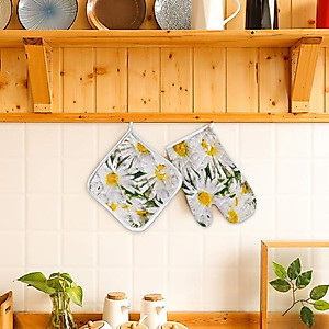 Set of Oven Mitt and Pot Holder, Spring Daisy Flower Kitchen Mittens Heat Resistance Non-Slip Surface for Kitchen BBQ Cooking Baking Grilling, White Yellow