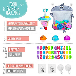 Comfylife Baby Bath Toy Organizer - Bath Toy Storage for Shower - Bathtub Toy Organizer Includes Foam Bath Toys (Numbers & Letters & Squirty Toys) + Extra Net That Doubles as a Toy