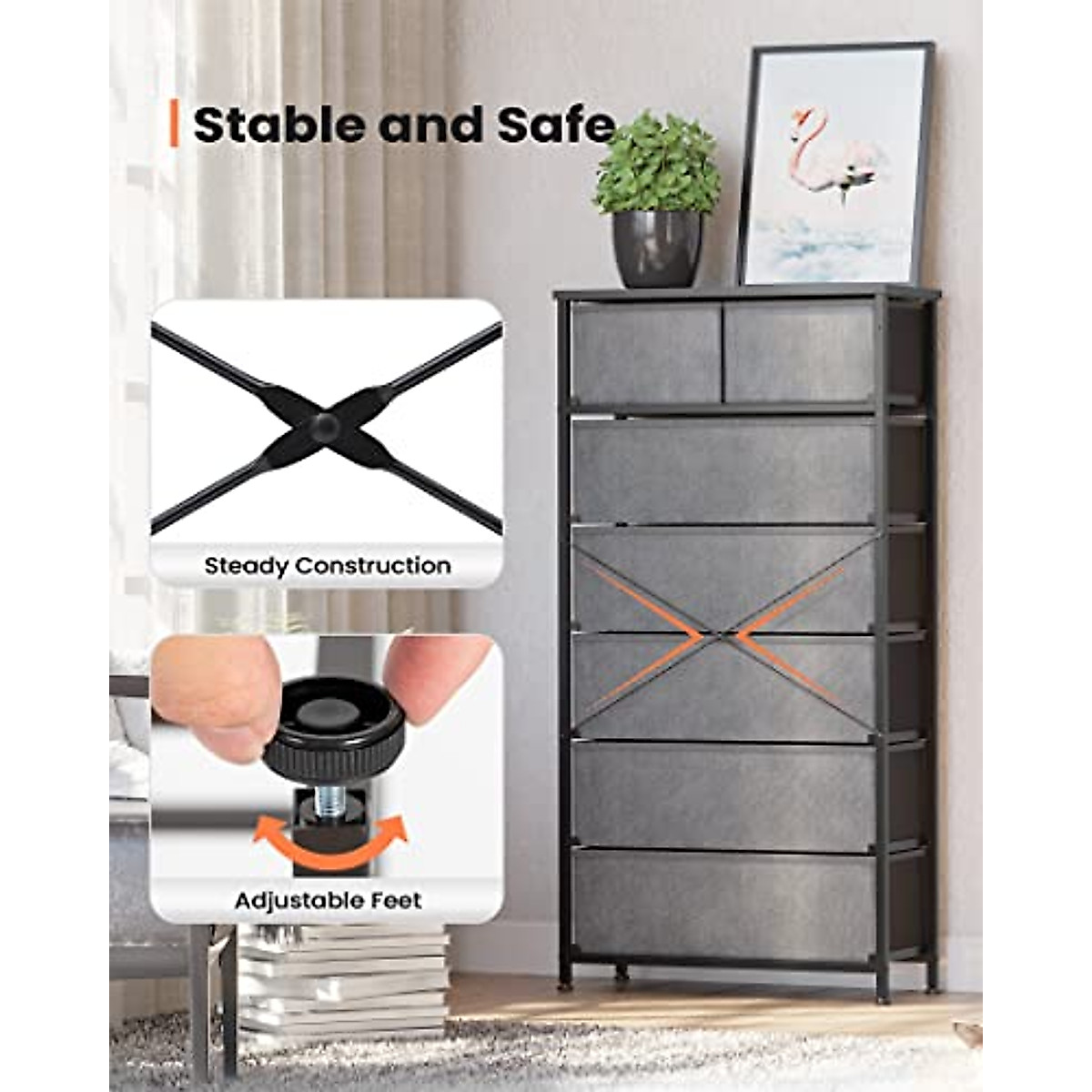 Pellebant Dresser for Bedroom with 7 Drawers, Tall Dresser Vertical Storage Tower, Sturdy Metal Frame, Fabric Storage Bins with Wooden Handle and Wooden Top, Organizer Unit for Closet/Hallway, Grey