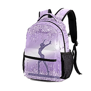 Custom Kid Backpack, Violet Purple Glitter Print Girls Gymnastics Personalized School Bookbag with Your Own Name, Casual Bookbags for Student Girls Boys