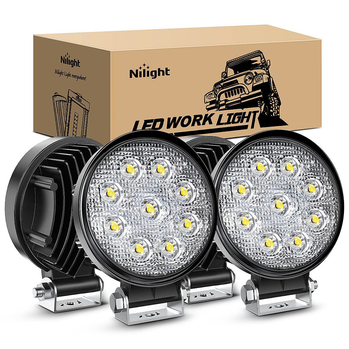 Nilight 15016F-C Led 4PCS 4.5" 27w 3000LM Round Flood Light Pod Off Road Fog Driving Roof Bar Bumper for Jeep,SUV Truck, Hunters