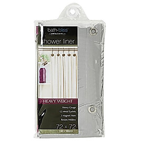 Bath Bliss Heavy Shower Curtain Liner, 12 Rust Resistant Metal Grommets, 3 Weighted Magnet Hem, Silver