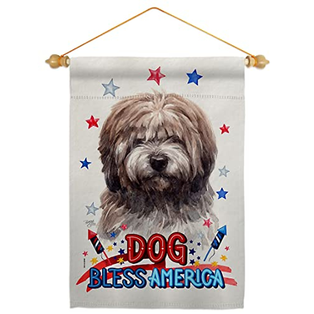 Breeze Decor Patriotic Brindle Tibetan Terrier Garden Flag-Set Wood Dowel Dog Puppy Spoiled Paw Canine Fur Pet Nature Farm Animal Creature House Banner Small Yard Gift Double-Sided, Made in USA