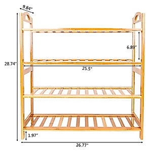 Concise Bamboo Wood Shoe Rack with Handle 4 Tier 12 Pairs Shoe Shelf Storage Organizer Free Standing Natural Color