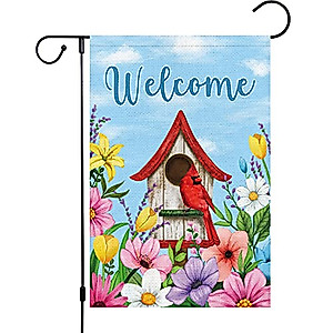 Welcome Spring Garden Flag 12x18 Double Sided Vertical, Burlap Small Birdhouse Floral Garden Yard House Flags Outside Outdoor House Spring Summer Decoration (ONLY FLAG)