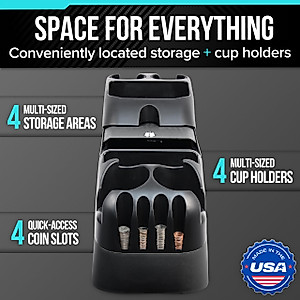 Moblorg Center Console for Minivans, SUVs, Middle Van Console, Extra Cup Holders, Large Storage, 27"L x 11.5"W x 8.5"H,Made in USA (Black)