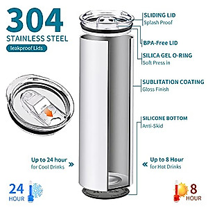 MAFYE Sublimation Tumblers, 6pack 20 oz Skinny Straight Tumbler with Straw Lids, Sublimation Shrink Wrap & Tumbler Cards Sublimation Blanks Product Stainless Steel Tumbler for Mug Press, Present Box