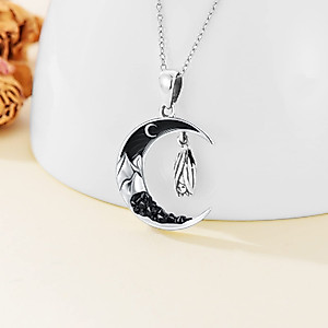 Flpruy Bat Crescent Moon Necklace 925 Sterling Silver Gothic Pendant Black CZ Mountain Necklace Jewelry for Women