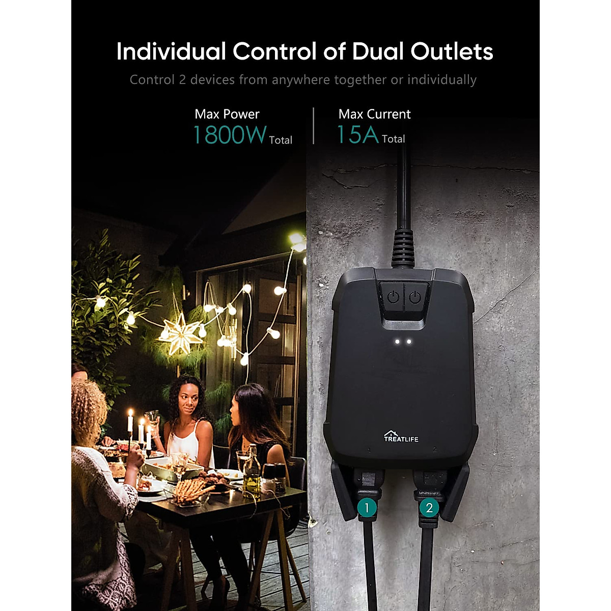 TREATLIFE Outdoor Smart Plug, HomeKit Outdoor Plug with 2 Individual Control Outlets, IP64 for Outdoor String Lights, Compatible with Siri, Alexa, Google Home, 2.4GHz WiFi Only, Remote Control, Timer