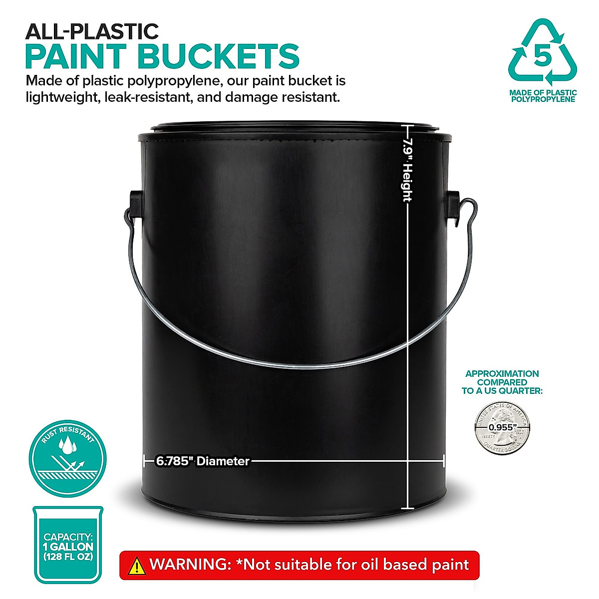 1 Gallon Plastic Paint Bucket (Black) - Triple Lock Airtight Seal - Minimizes Skimming - Rust Proof - Odor & Chemical Resistant - 128 Fl Oz All-Plastic Paint Can with Metal Handle - Stock Your Home