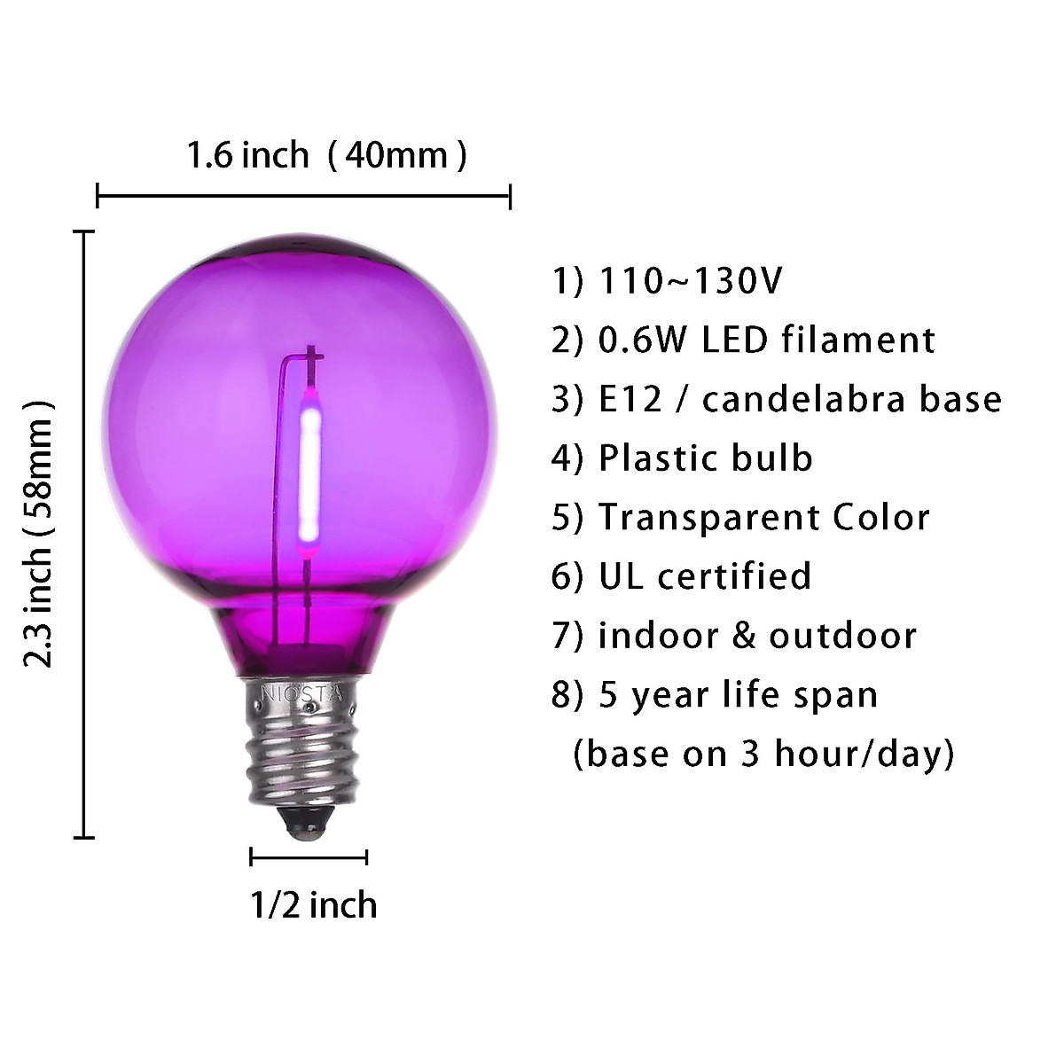 NIOSTA 25 Pack G40 LED Christmas Replacement Bulbs, Clear Purple Globe Light Bulbs for Outdoor String Lights, E12/C7 Candelabra Base, 0.7W LED Filament and Clear Shatterproof Plastic Material