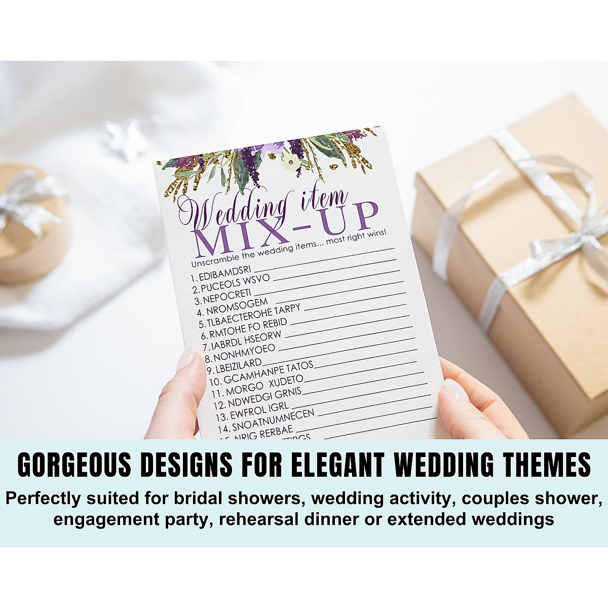 Purple Floral Bridal Shower Word Scramble Game – 25 Pack, Couples Wedding Engagement Party Games, Reception Decor and Ideas, Fun Rehearsal Unscramble Guest Activities