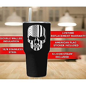 American Flag Skull 30oz Patriotic Tumbler - American Flag Tumbler Travel Mug - Patriotic Coffee Travel Mug - Double Insulated 30oz Tumbler - Engraved in the USA - (Skull Flag)