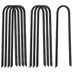 VASGOR 12” x 2” Trampolines Wind Stakes Black Powder Coated Rebar Steel - Heavy Duty U Shape Ground Anchors for Camping Tent - Garden Staples – Trampoline Pins - Sharp End (8)
