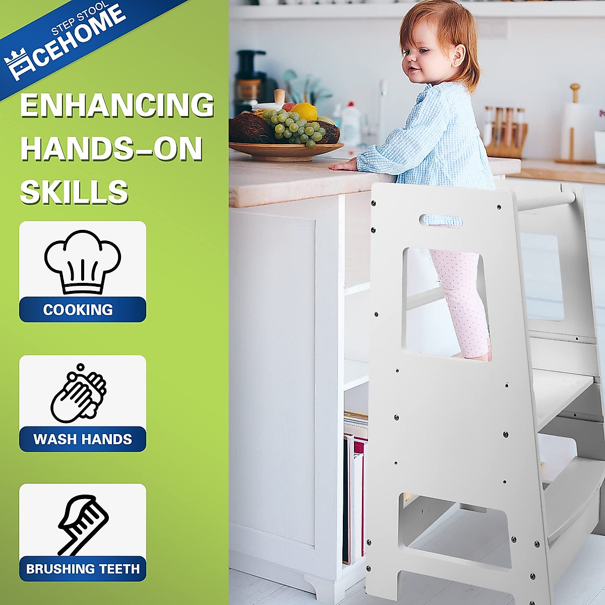 ACEHOME Toddler Kitchen Stool, Toddler Tower with Safety Rail, Toddler Stool for Kitchen Counter, Adjustable Height Little Helper Tower, Kitchen Stool for Toddlers 18 Months and Older, White