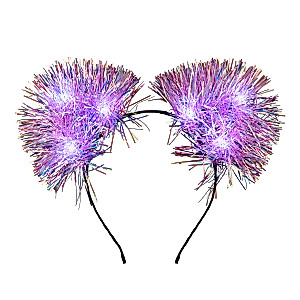 FlashingBlinkyLights Still-Light Sparkle Iridescent Pom Ears Light Up Party Headband