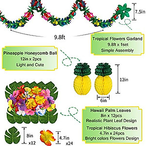 Hawaiian Party Decorations, Luau Birthday Party Decorations with Tropical Birthday Banner Palm Leaves Hibiscus Flowers Paper Pineapples Flamingo and Pineapple Garland for Summer Beach Moana Party