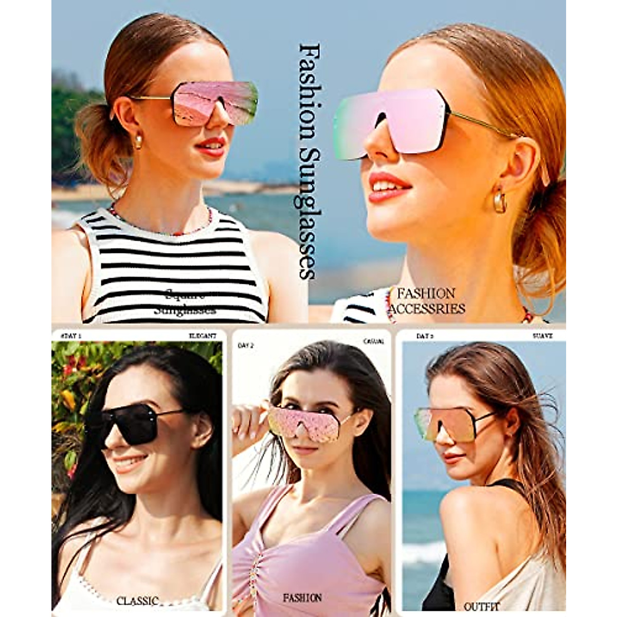 Oversized Sunglasses for Women Big One Piece Trendy Flat Top Rimless Visor Sunglasses Shield Large Shades Black+Pink