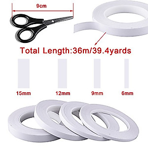 SIQUK 4 Rolls Double Sided Tape Strong Adhesive Sewing Tape with 1pc Mini Scissor for Craft Class Office, 39.4 Yards Each Roll (Width: 6mm/ 9mm/ 12mm/ 15mm)